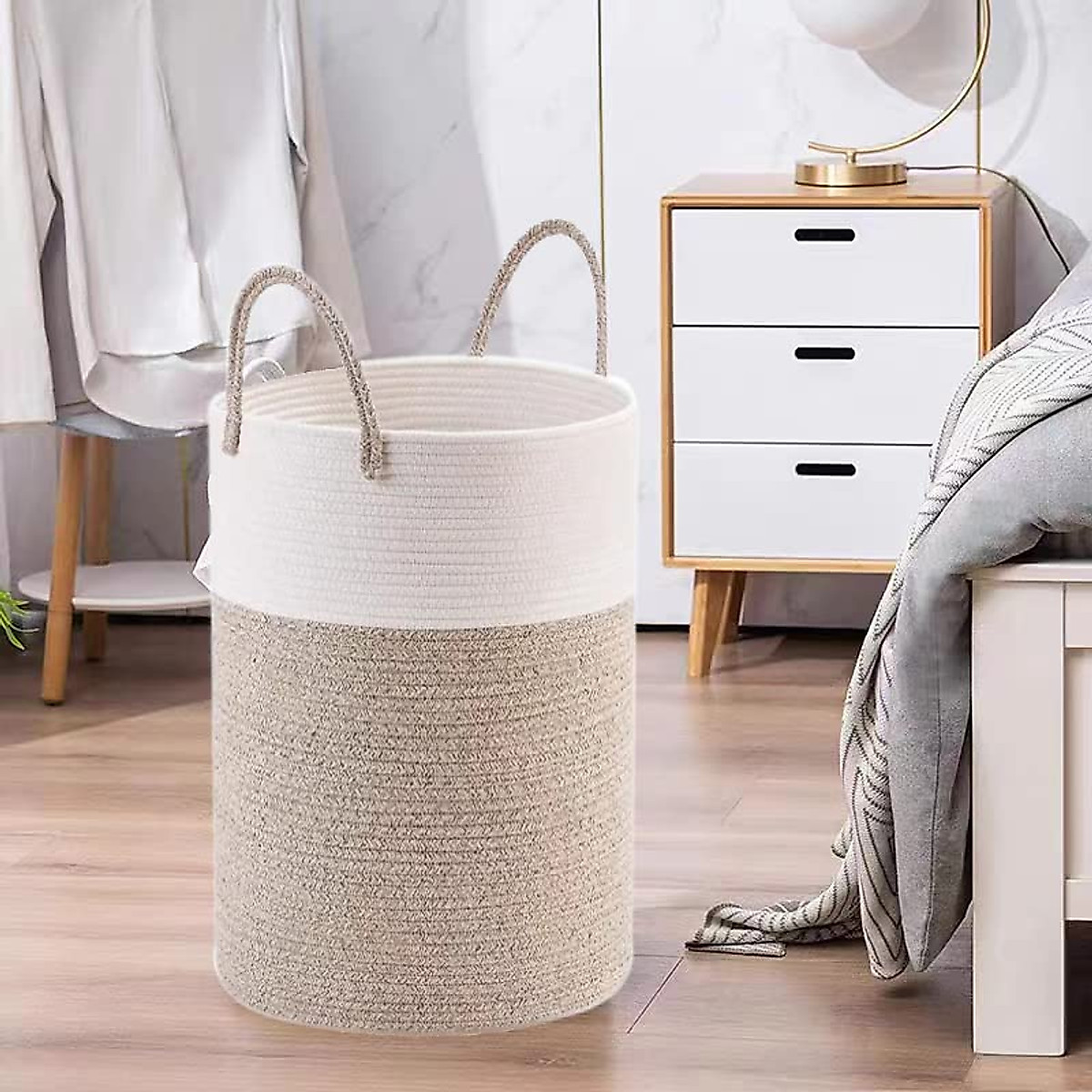 Tall Woven Laundry Basket with Handles, Clothes Hamper Storage Basket for Living Room, Bedroom, Entryway, Bathroom, Large Woven Blanket Basket for Pillows, Towels, Blankets
