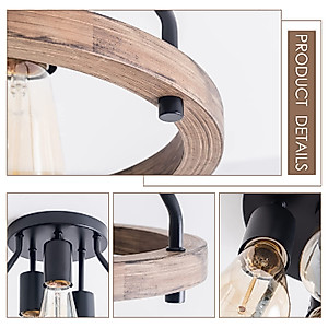 VILUXY Industrial Flush Mount Ceiling Light Fixture with Retro Wood Circle Shade for Hallway, Entryway, Bedroom, Balcony Passway 3-Light