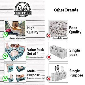 Rustic Sisters Kitchen Countertop Paper Plate Utensil Holder Caddy - Organizer for Plates, Cups, Cutlery and Napkins - Perfect for Parties, BBQs and Outdoor Gatherings - Rustic Blue Fir Wood