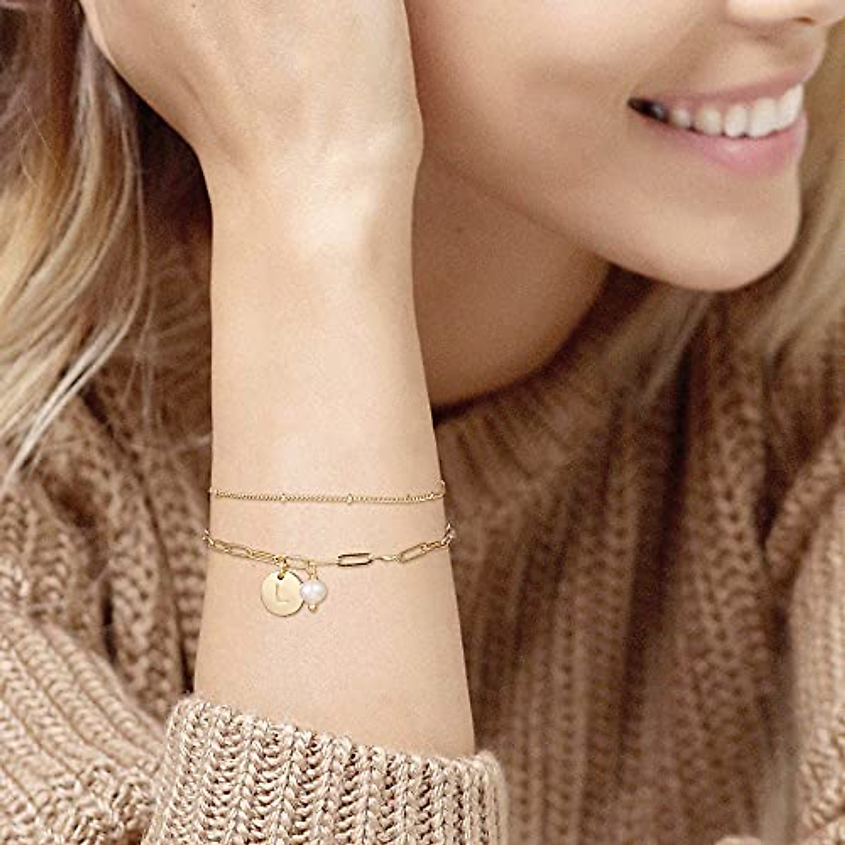 Gold Pearl Initial Bracelets for Women, 14K Gold Plated Layered Letter C Initial Bracelet Dainty Bead Charm Bracelets for Women Valentines Mother's Day Christmas Gifts for Women Gold Jewelry