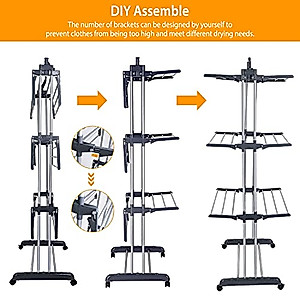 Moclever Clothes Drying Rack,3-Tier Collapsible Rolling Dryer Clothes Hanger Adjustable Large Stainless Steel Garment Laundry Racks with Foldable Two Side Wings Grey Indoor Outdoor