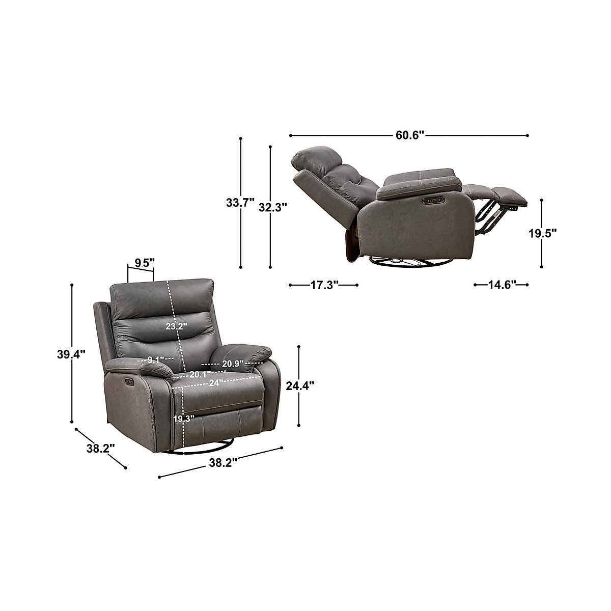 Oversized Power Recliner Chair for Adults with 24" Width Seat, 240 Degree Swivel Glider Rocker Rocking Chair with Adjustable Backrest and Charging Ports, Reclining Sofa Chair for Living Room, Gray