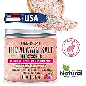 Himalayan Salt Body Scrub with Collagen and Stem Cells - Natural Exfoliating Salt Scrub & Body and Face Souffle helps with Moisturizing Skin, Acne, Cellulite, Dead Skin Scars, Wrinkles (11 oz)