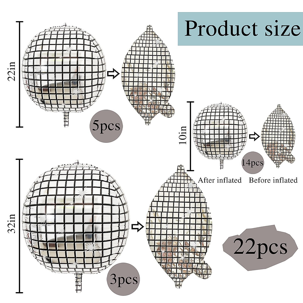 dmjuncong 22Pcs Disco Ball Balloons Different Sizes- 4D Large Disco Balloons 32” 22” 10 Inch Metallic Silver Disco Balloons for 70s 80s Disco Themed Birthday New Year's Party Decor Supplies