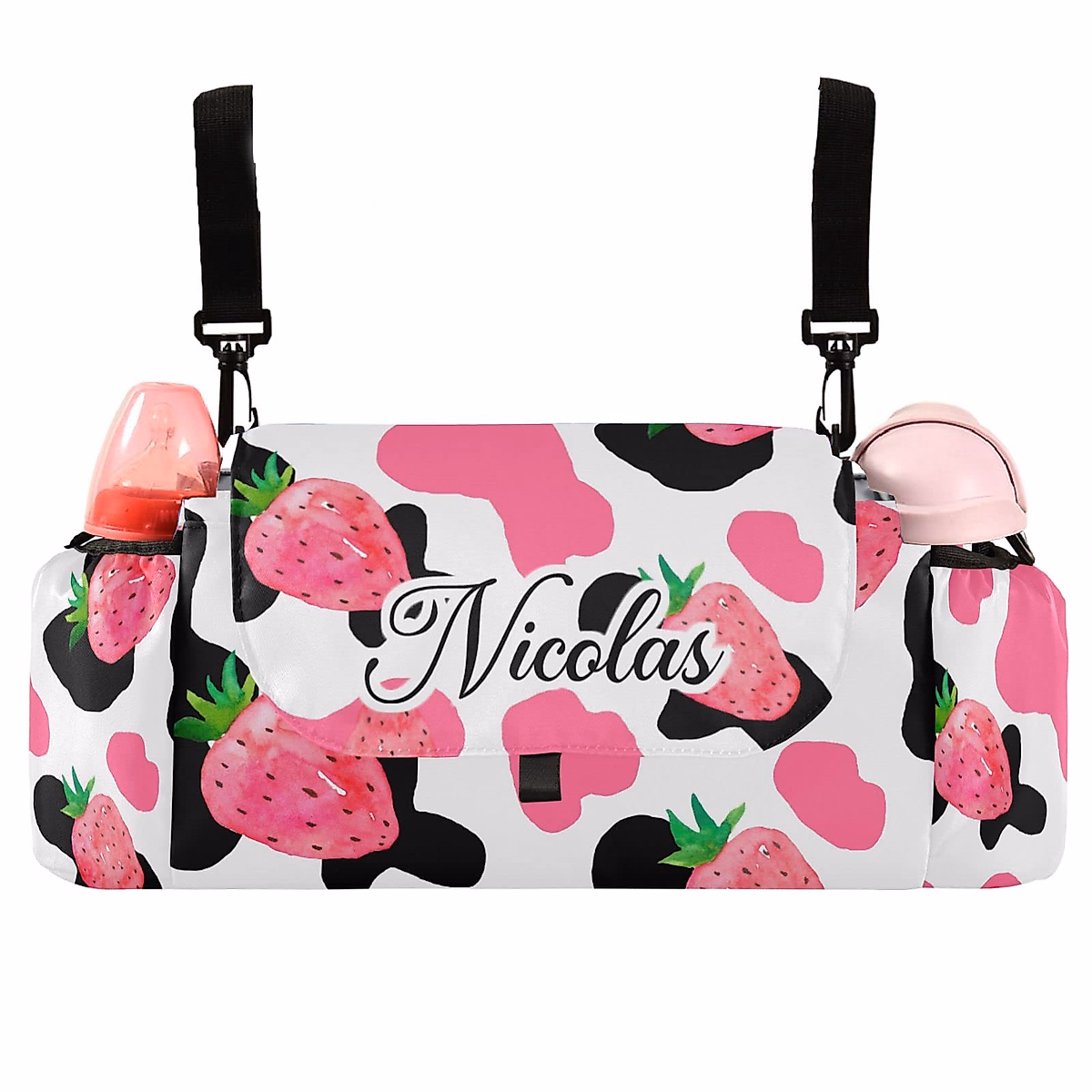 RunningBear Custom Cow Strawberry Universal Baby Stroller Organizer Personalized Stroller Caddy with Cup Holders Customized Universal Stroller Caddy for Mom Dad