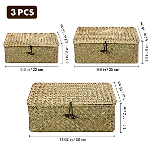 BESPORTBLE Set of 3 Wicker Shelf Baskets with Lid, Woven Seagrass Storage Bins for Shelves for Organizing, Rectangular Baskets for Decoration, Picnic, Groceries and Toy Storage