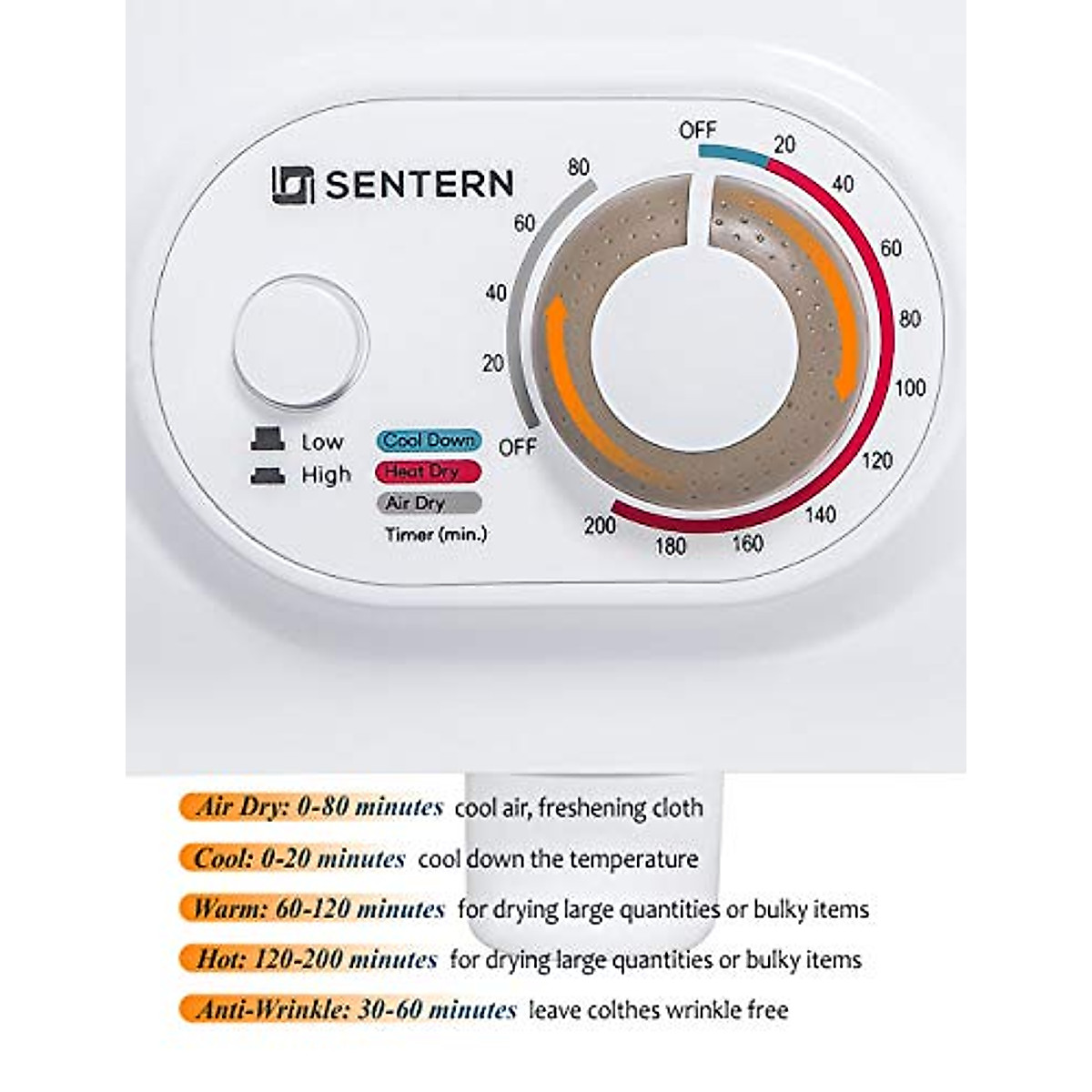 Sentern Compact Portable Laundry Dryer - 9LBS Capacity Portable Front Load Clothes Dryer 1400W Power with 4 Drying Modes, Stainless Steel Tub for Apartment