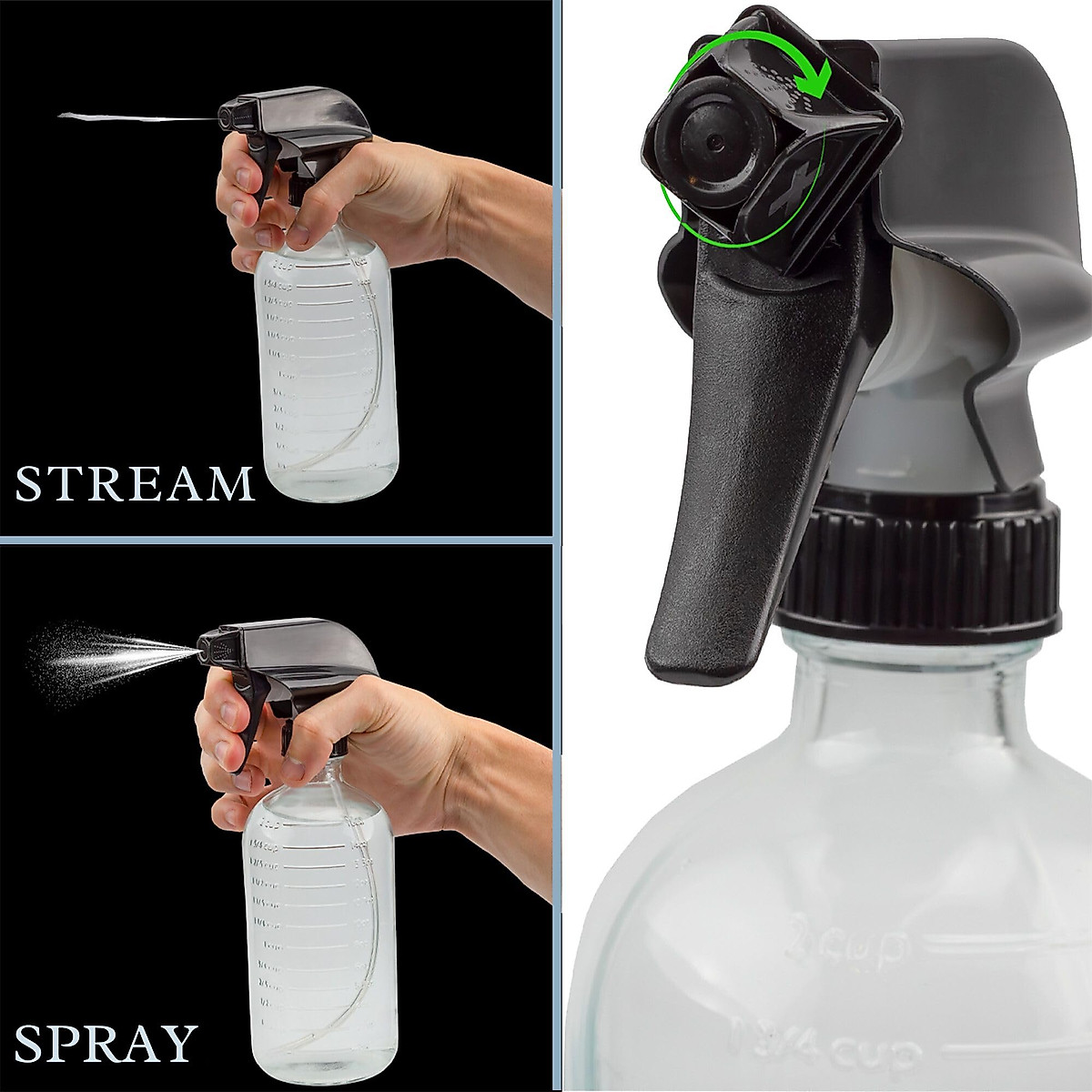 Cornucopia 16-Ounce Clear Glass Spray Bottles with Measurements (2-Pack); Sprayer Bottle with 3-Setting Heavy Duty Sprayers for Mist, Stream, OFF