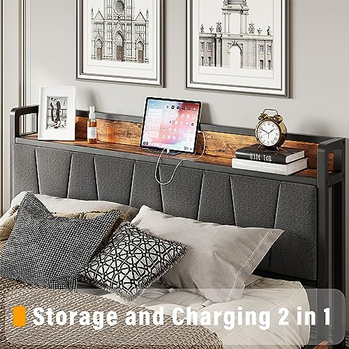 LIKIMIO King Bed Frame with 4 Storage Drawers, Platform Bed with Charged Headboard, Sturdy and Stable, No Noise, No Box Spring Needed, Easy to Install
