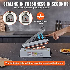 VEVOR Impulse Sealer 8 inch, Manual Heat Sealing Machine with Adjustable Heating Mode, Aluminum Shrink Wrap Bag Sealers for Plastic Mylar PE PP Bags, Portable Poly Bag Sealer with Extra Replace Kit