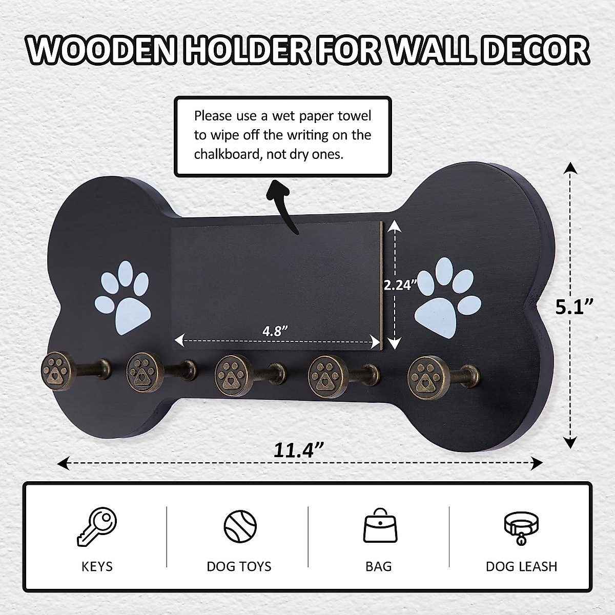 Nekon Dog Leash Holder for Wall - Wooden Key Holder Wall Mount for Entryway Organization - Pets Accessories Storage with Chalkboard and Dog Paw-Shaped Hooks (Black)
