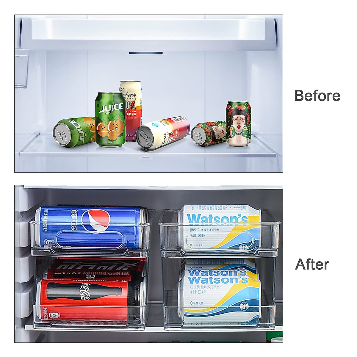 Soda Can Organizers Bins, 2 PCS Wide Plastic Water Bottle Storage, Stackable Clear Refrigerator Organizer Bins, Food Storage Dispensers for Freezer Cabinet Countertops Fridge Kitchen