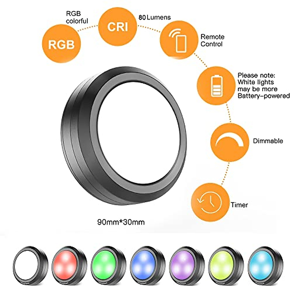 HOLKPOILOT Puck Lights with Remote, Color Changing LED Puck Lights, Battery Operated dimmable Under Cabinet Lights, Under Counter Lights with Timer (4 Pack)