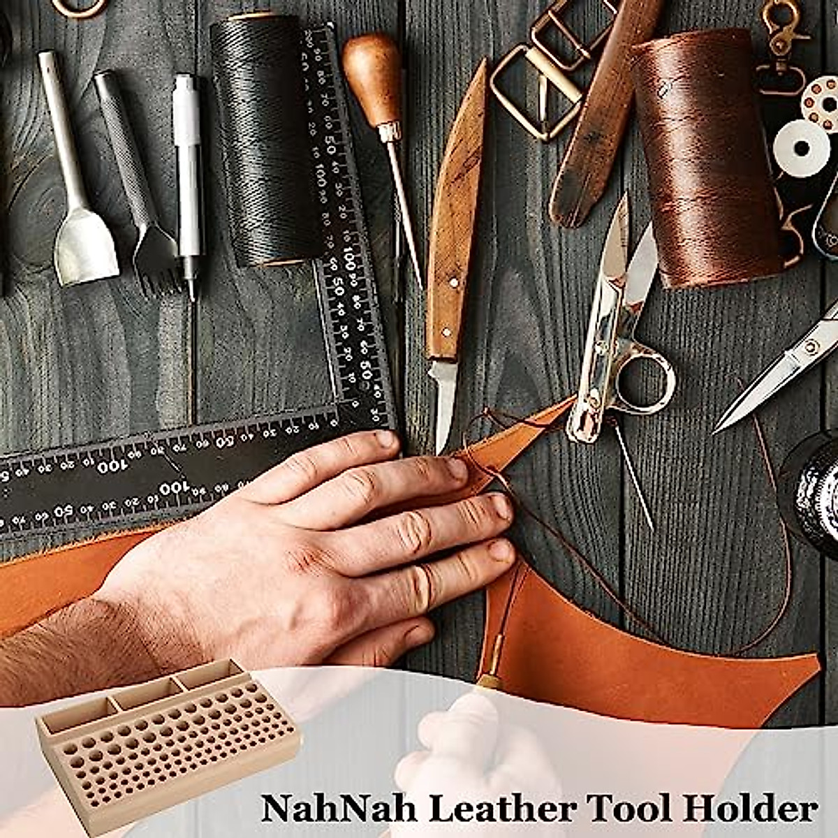 NahNah Leather Craft Tool Holder, 98 Holes Professional Wooden Leathercraft Stand Organizer with 3 Slots, Leather Tool Holder for Making Punch Tools Storage 10.62×5.9 in
