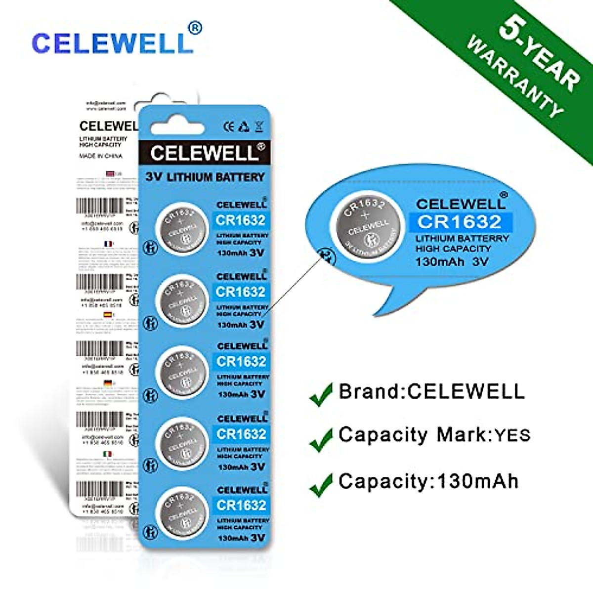 CELEWELL CR1632 5 Pack CR 1632 Battery Lithium 3v for Garmin Vivofit Jr Key Fob Replacement 【5-Year Warranty】