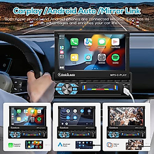 Single Din Apple Carplay Bluetooth Car Stereo with Android Auto,7'' Electric Flip Out HD Touch Screen Car Radio Supports FM Phone Mirror Link EQ,Head Unit with Backup Camera/USB/TF Card/AUX-in Port
