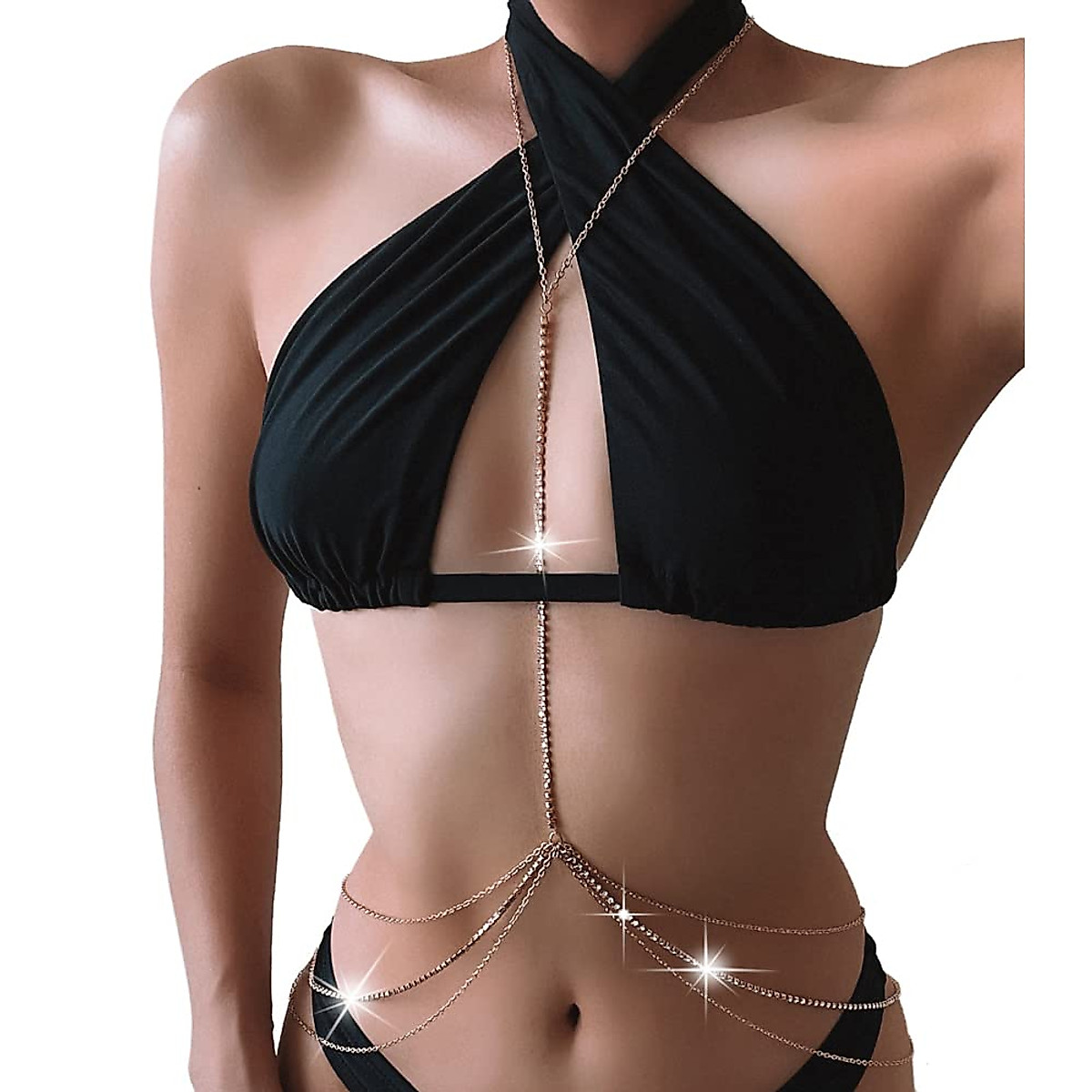 Rhinestone Body Chains Jewelry For Women Sexy Belly Waist Chain Bikini Beach Accessories (Gold color)
