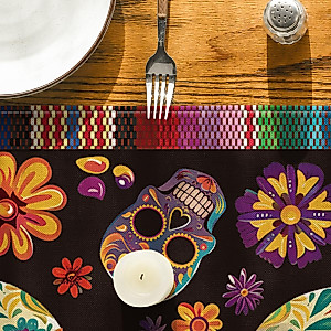 Artoid Mode Flowers Sugar Skull Mexican Day of The Dead Table Runner, Dia De Los Muertos Kitchen Dining Table Decoration for Home Party Decor 13x72 Inch