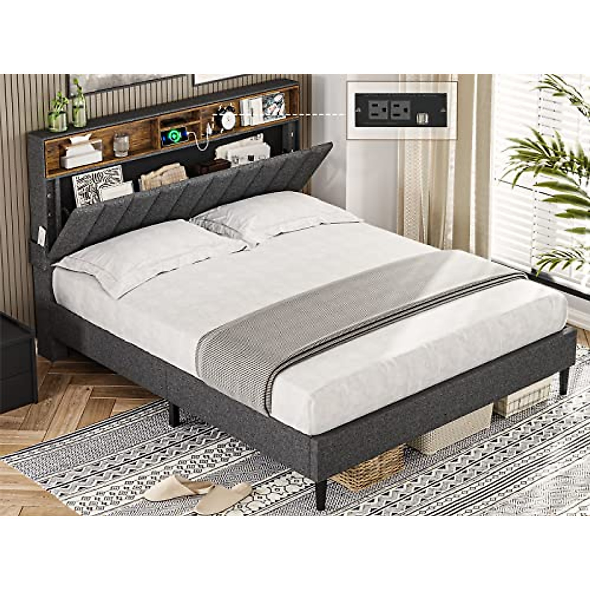ADORNEVE Full Size Bed Frame with Outlet and USB Ports, Modern Upholstered Platform Bed with Storage Headboard & Height Adjustable, No Box Spring Needed, Dark Grey
