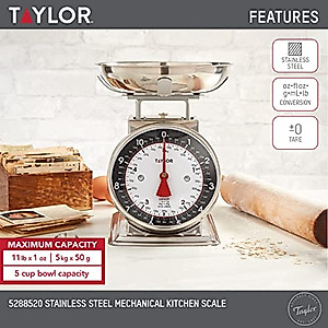 Taylor Mechanical Kitchen Weighing Food Scale Weighs up to 11lbs, Measures in Grams and Ounces, Black and Silver
