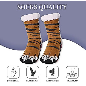 SDBING Kids Fuzzy Slipper Socks Boys Girls Soft Cozy Fluffy Grips Socks Winter Warm Non Slip Christmas Socks (4-7 Years, Tiger Paw)