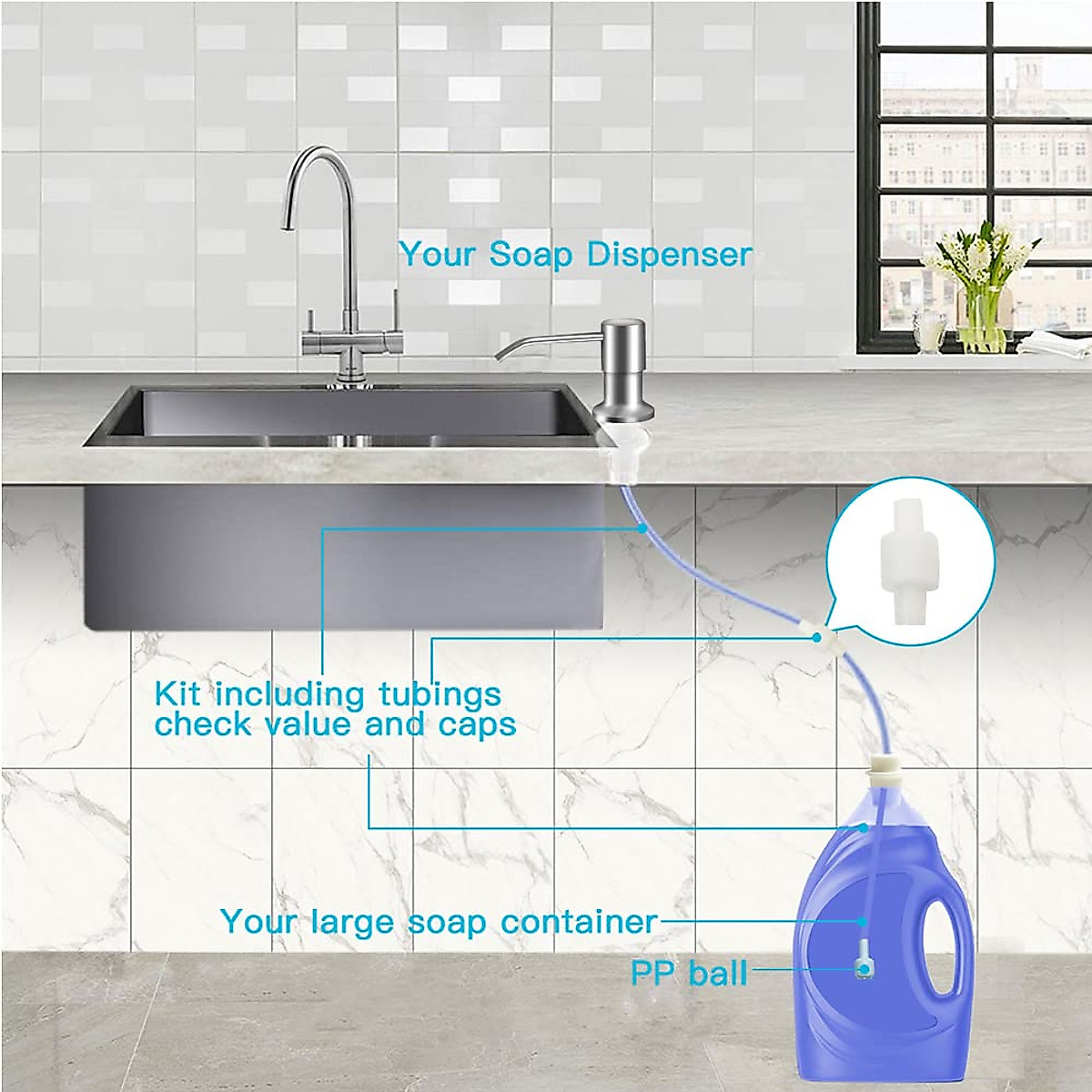 OHiHi Dish Soap Dispenser for Kitchen Sink (Brushed Nickel), Countertop Sink Soap Dispenser Water Pump with 47” No-Spill Extension Tube Kit Design for Kitchen Bathroom, No More Refills （Sliver）