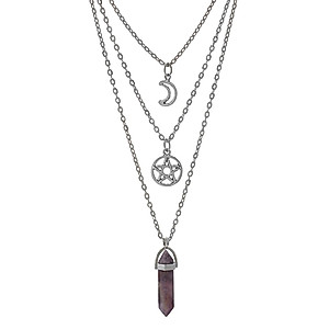 MJartoria Moon Pentagram Necklace Crystal Chakra Pendant Layered Necklaces for Women Choker Necklace Gothic Jewelry Y2K Goth Accessories (Purple Amethyst, Moon Pentagram)