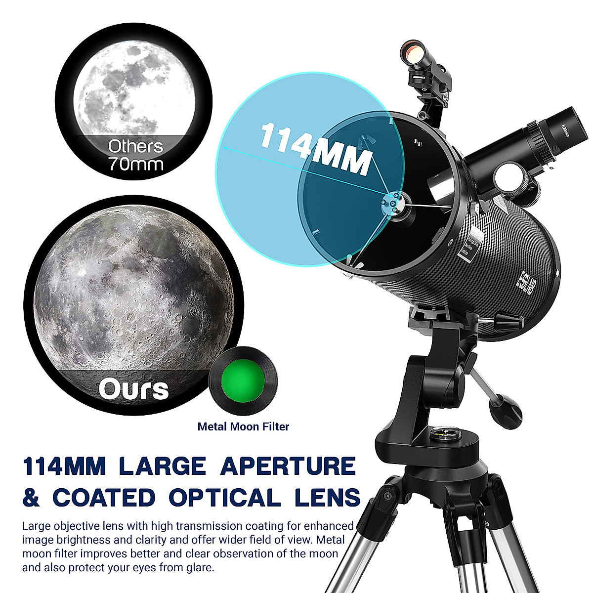 ESSLNB Astronomical Reflector Telescopes 114AZ Mount with Shutter Control and Steel Tripod 500mm Telescopes for Adults Astronomy Beginners with Phone Adapter 3X Barlow Lens and Moon Filter