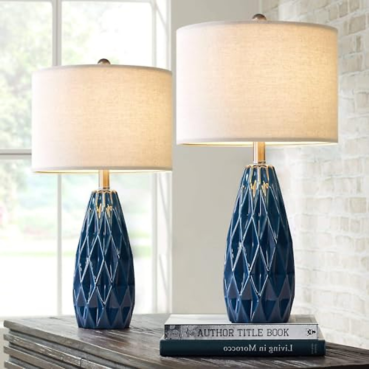 G-SAFAVA Modern Ceramic Table lamp Set of 2, Blue Embossed Geometric Pattern Bedside lamp Tall Nightstand Lamp End Table Lamps for Living Room Bedroom
