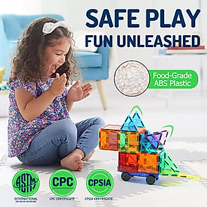 EchoPlan Magnetic Tiles, 130PCS Magnetic Blocks with 2 Cars, Magnet Tiles 3D Clear Building Blocks Set, STEM Sensory Educational Toys Gift for Toddlers Kids Boys 3 4 5 6 7 8 9+ Year Old