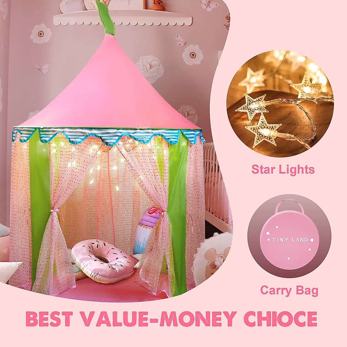 Tiny Land Princess-Tent with Star Lights & Carry Case, Pop Up Play-Tent, Princess Castle Indoor Playhouse, Foldable Kids Play Tent Outdoor, Toddler-Tent for Girls
