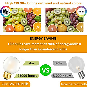 HOMOSUM Dimmable 40W g16.5 Frosted Edison Bulb - 2700K 4W e26 Globe Bulb for Ceiling Fans, Chandeliers, Vanity Lights -400lm,AC120V,G50, 6Pack (4W-2700K)