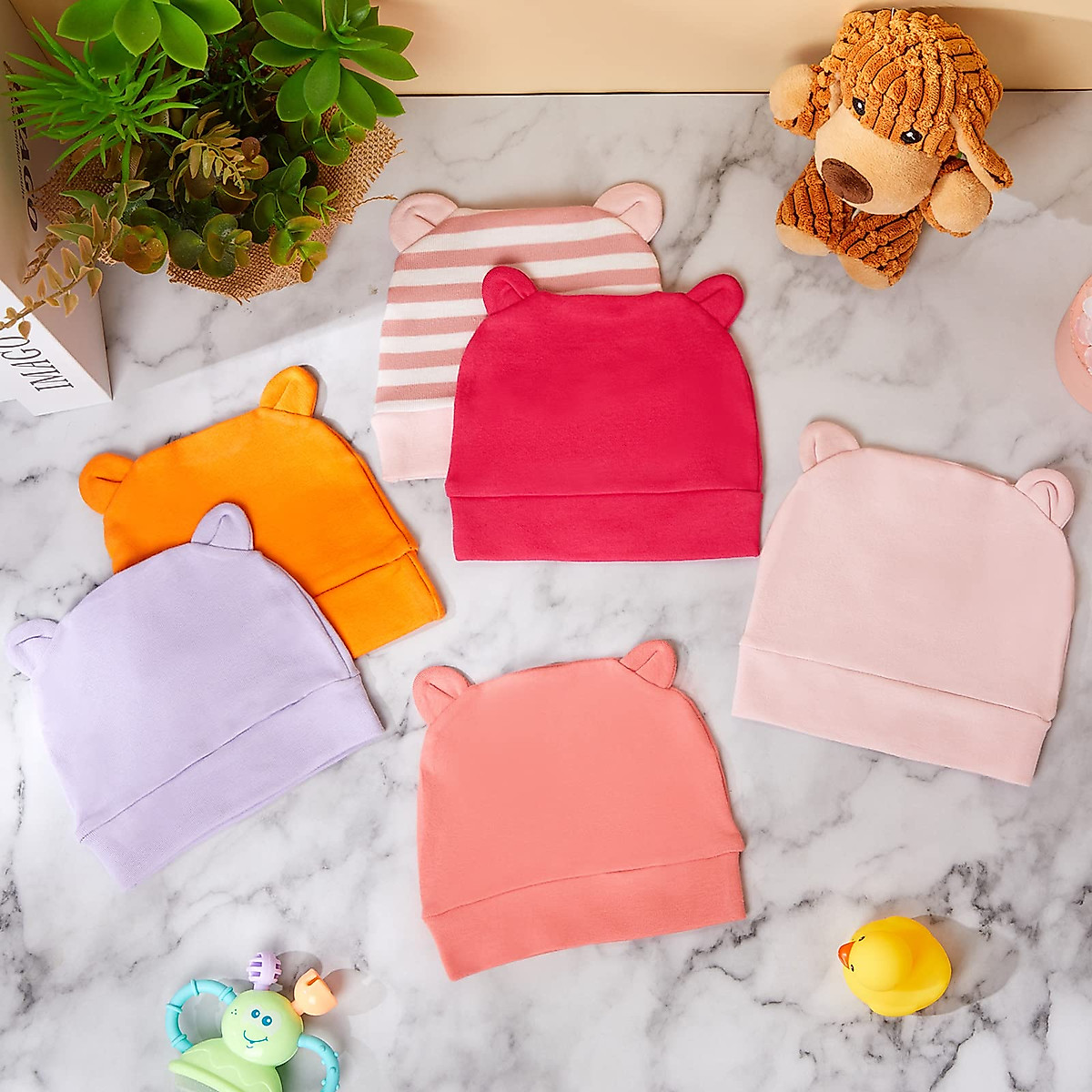 6 Pieces Newborn Baby Hat Bear Ears Infant Caps Baby Boy Girl Toddler Hats Infant Beanie Caps for 0-3 Months (Pink White, Light Pink, Dark Pink, Orange, Rose Red, Purple,Classic)