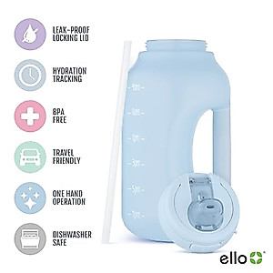 Ello Hydra 64oz Half Gallon Water Jug with Handle and Motivational Time Markers for All Day Hydration, Plastic Reusable Water Bottle with Straw and Locking, Leak Proof Lid, BPA Free, Halogen Blue
