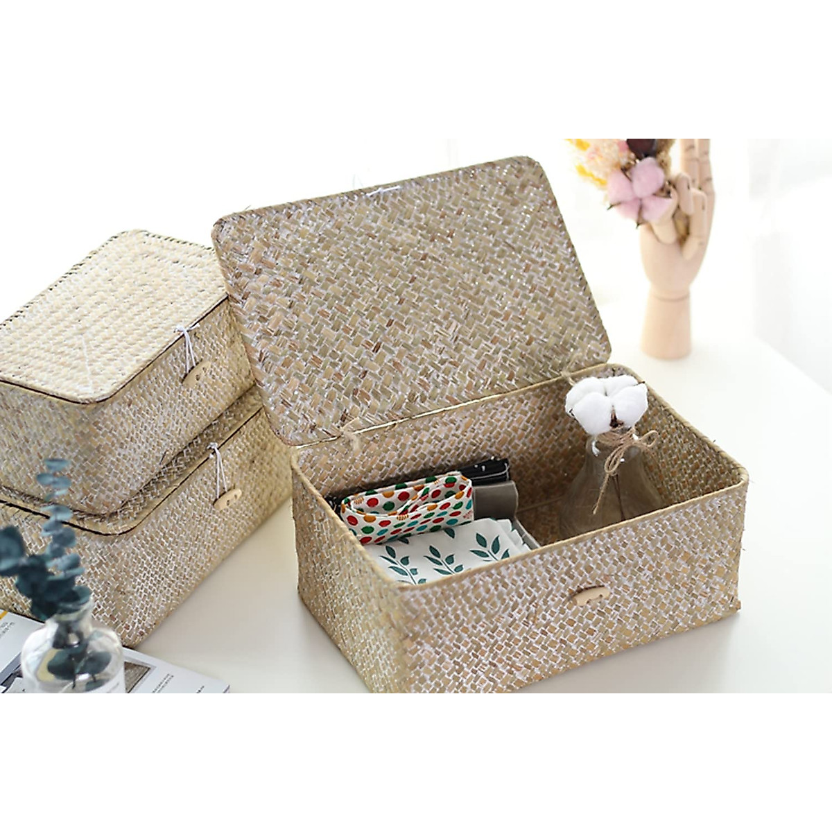 HAPYFURN Seagrass Handmade Woven Storage Basket with Lid Rectangular Natural Rattan Box for Toys Clothes Books Keys Multifunctional Makeup Organizer Set of 3 Shelf Basket