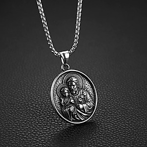 HZMAN Double Sided Stainless Steel St Joseph Necklace for Men Women Religious Saint Joseph Cross Christian Medal Amulet Pendant Jewelry Gift