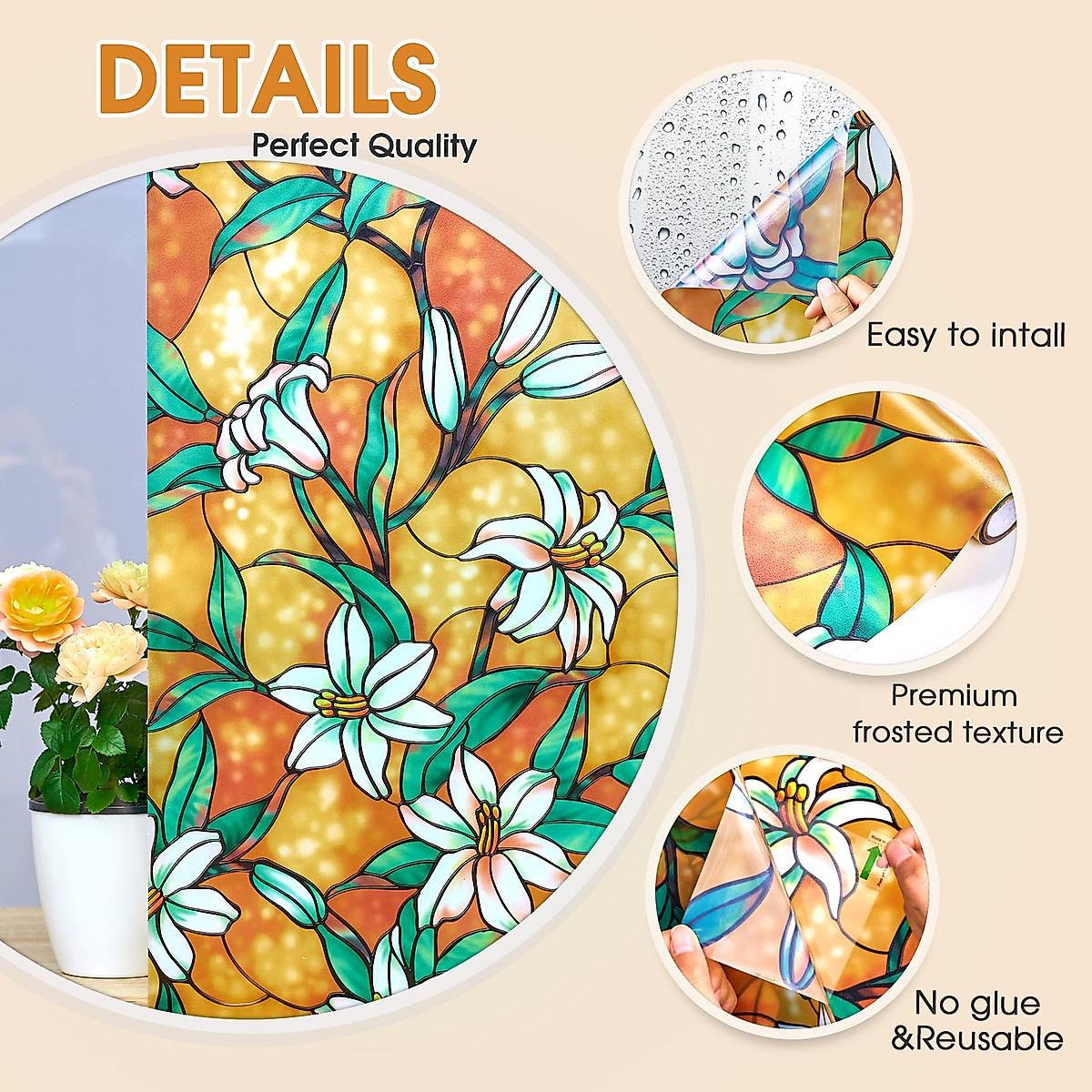 Coavas Window Privacy Film, Frosted Stained Glass Window Film Decorative Window Cling Privacy Film for Glass Windows, Bathroom Non Adhesive Window Tint for Home (Vinyl, 17.5" x 78.7 ")