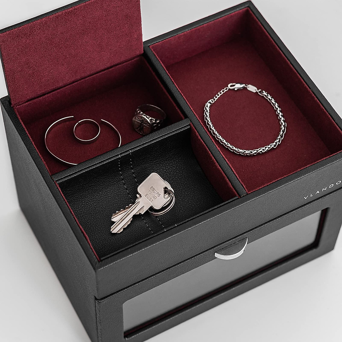 Vlando Automatic Double Watch Winder - Watch Winder Box with Men Jewelry Organizer Tray, Japanese Quiet Motor, LED Light, Adjustable Watch Pillows - Red