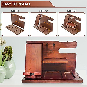 Wood Phone Docking Station Gifts for Men Him Husband Dad Boyfriend - Stylish Nightstand Organizer for Men Wooden Bedside Watch Stand Wallet Desk Organizer (Brown)