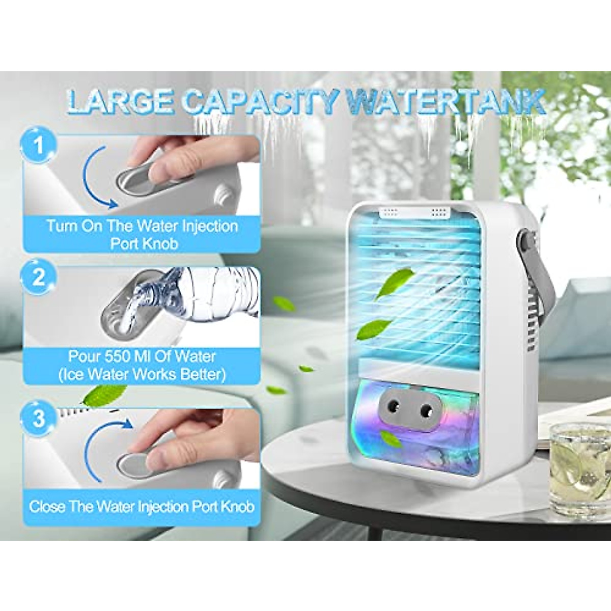 Portable Air Conditioner Fan, Personal Space Air Cooling Fan for Home Office Room, Personal Evaporative Cooler & Humidifier, with Handle/LED Light/Humidifier, for Small Room/Dorm/Bedroom/Camping