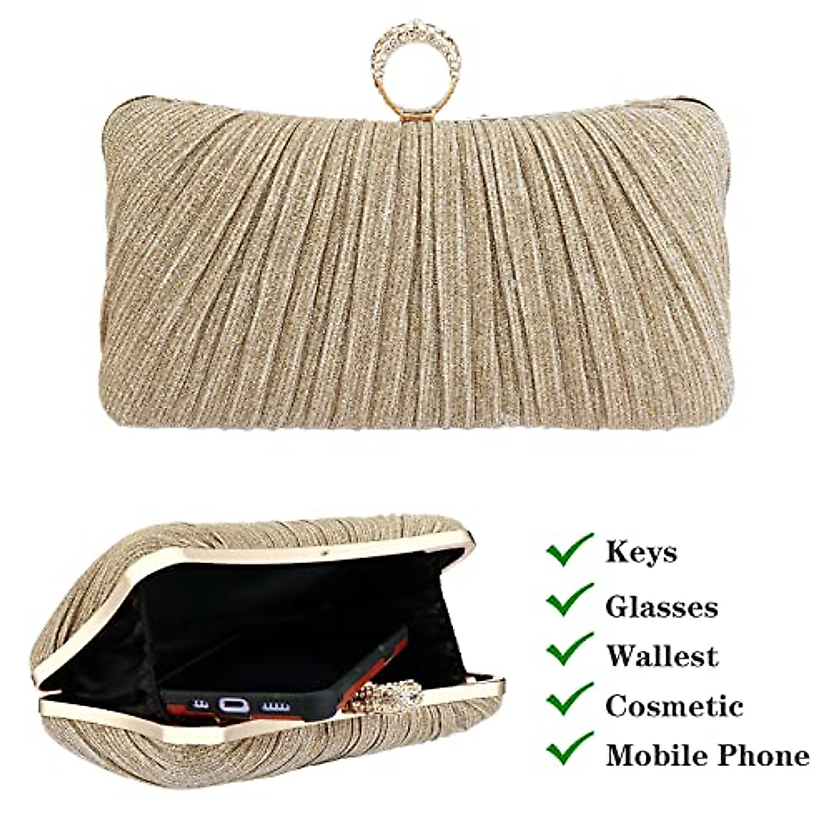 Clutch Purse for Women Pleated Glitter Evening Bag for Crystal Bridal Wedding Party with Rhinestone (Khaki)