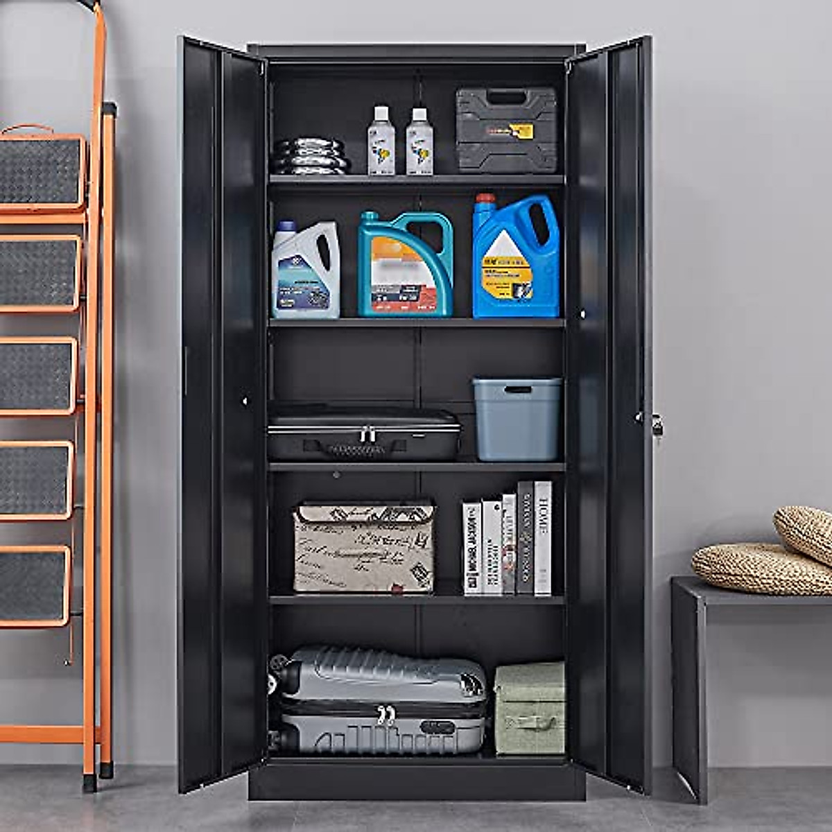 iCHENGGD Metal Storage Cabinet with 2 Door and 4 Adjustable Shelves, 70.8 inch Tall Steel Cabinet for Warehouse, Garage, Home, Office,Easy Assemble Required (Black)