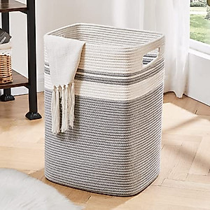 OIAHOMY Laundry Hamper-Laundry Basket,Tall Cotton Storage Basket with Handles,Decorative Blanket Basket for Living room,Collapsible Large Basket for Toys,Pillows,Clothes Organizer-16x13x22in-Gray