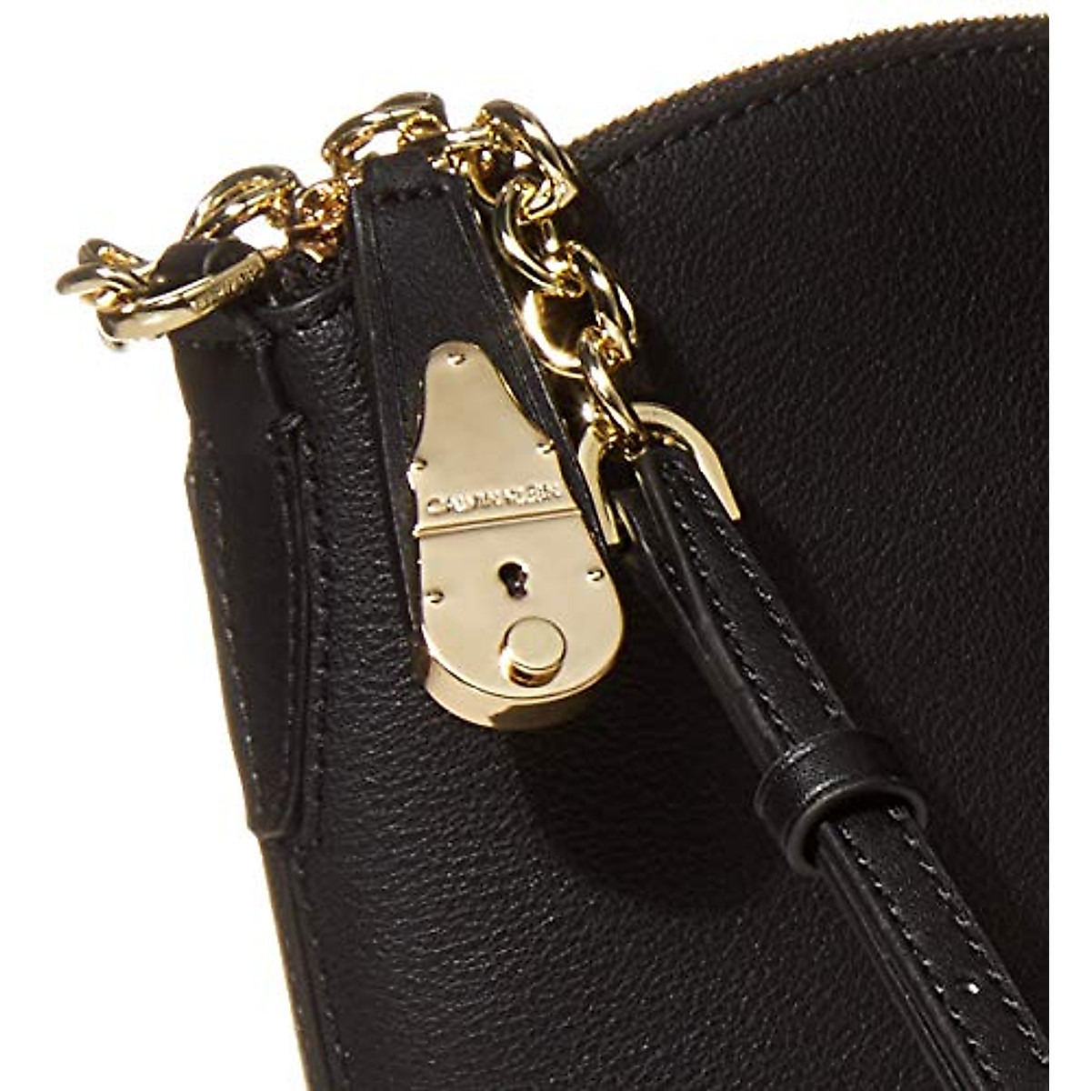 Calvin Klein Statement Series Lock Daytonna Leather North/South Top Zip Crossbody, Black/Gold