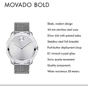 Movado Men's BOLD Thin Stainless Steel Watch with a Printed Index Dial, Silver (Model 3600260)