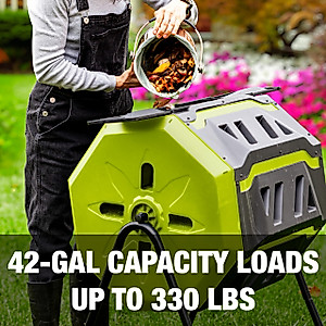 Sun Joe SJ-CMPS1 All-Season Outdoor Tumbling Composter, Dual Sliding Chamber, 42-Gallon, 2-10 Weeks, BPA-Free Material