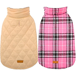 Kuoser Warm Dog Coat, Reversible Dog Jacket Waterproof Dog Winter Coat British Style Plaid Dog Clothes Pet Dog Cold Weather Coats Cozy Snow Jacket Vest for Small Medium Large Dogs Pink XXL