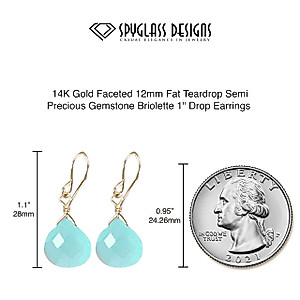 14K Yellow Gold Chalcedony Earrings Soft Aqua Blue Faceted Heart Teardrops Simple Dangles