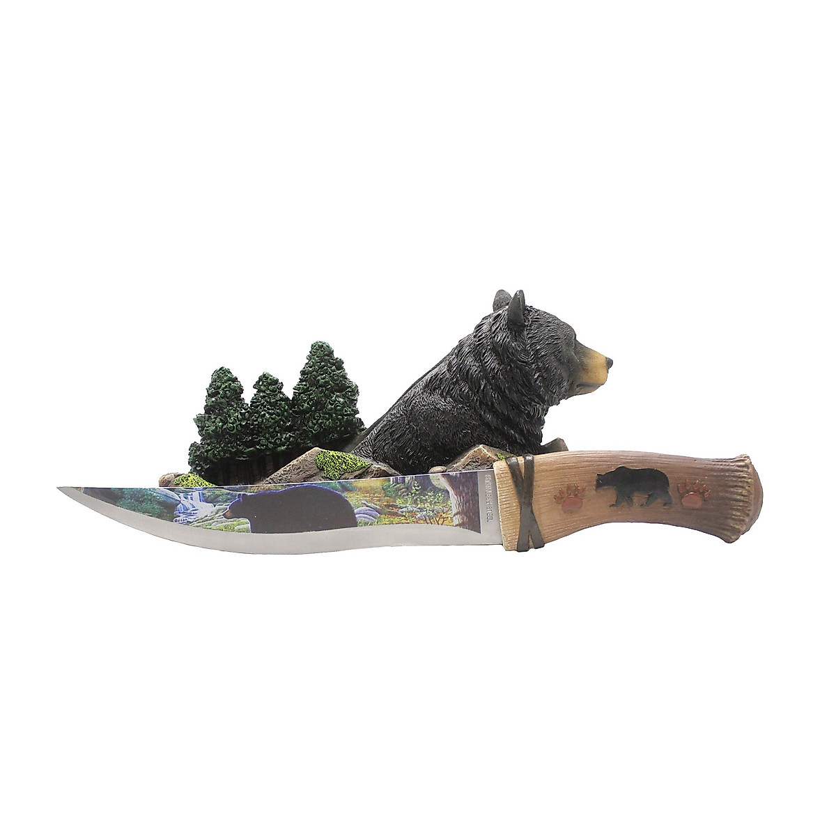 'Blade of the Bear' Rustic Black Bear Decorated Fixed Knife and Holder Set - Intricate Metal Detailing - Majestic Rustic Cabin Decor - 9.75 Inches Long