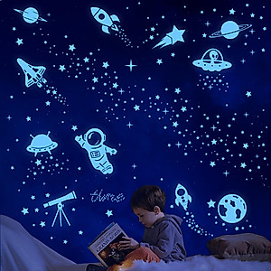 Glow in The Dark Stars Space Wall Decals Ceiling Stars Glow in The Dark Astronaut Universe Galaxy Planet Wall Stickers Glowing Stars for Bedroom Living Room Decor Christmas Gift Stocking Stuffers